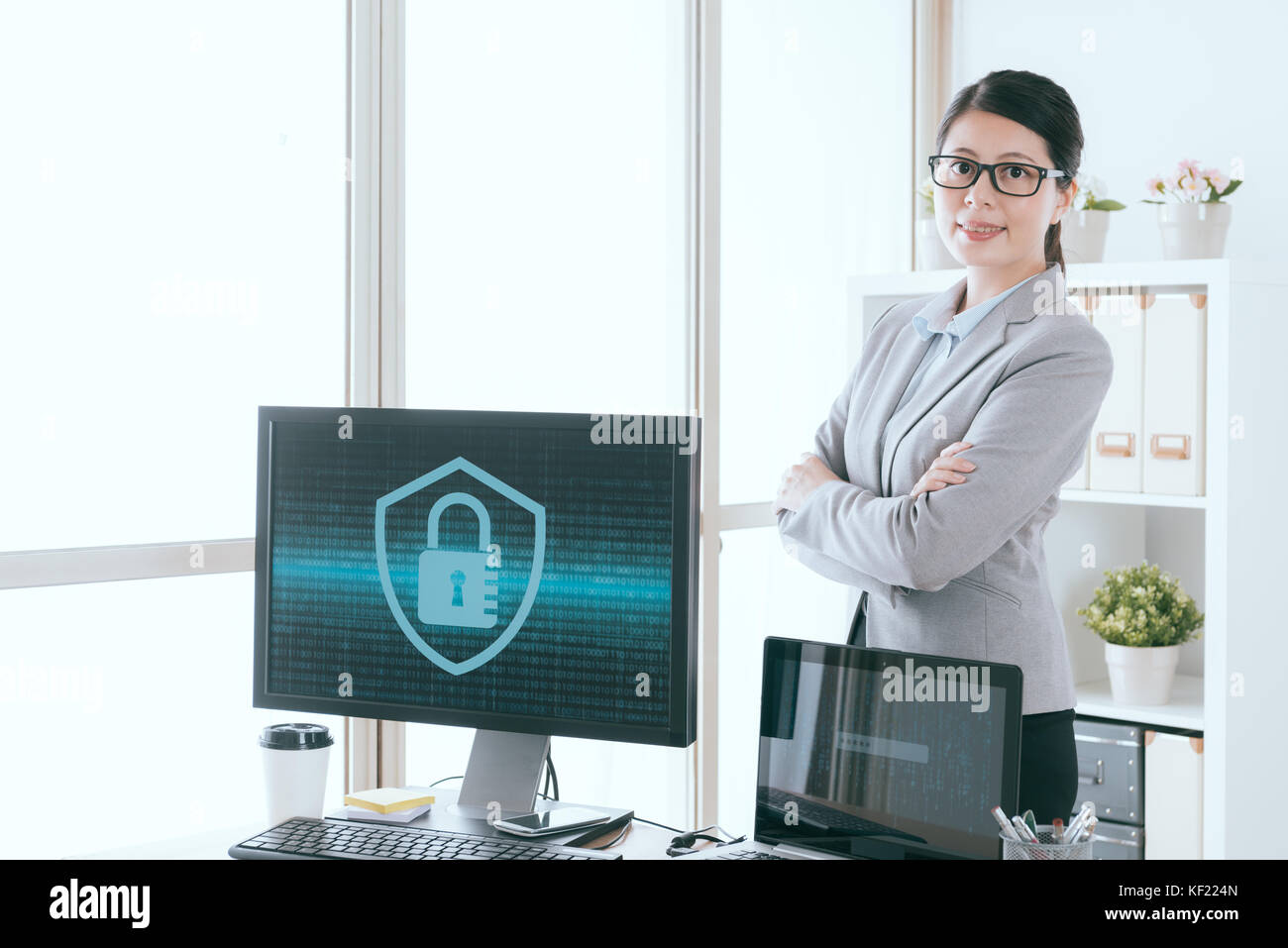 beautiful confident office worker girl showing information security ...