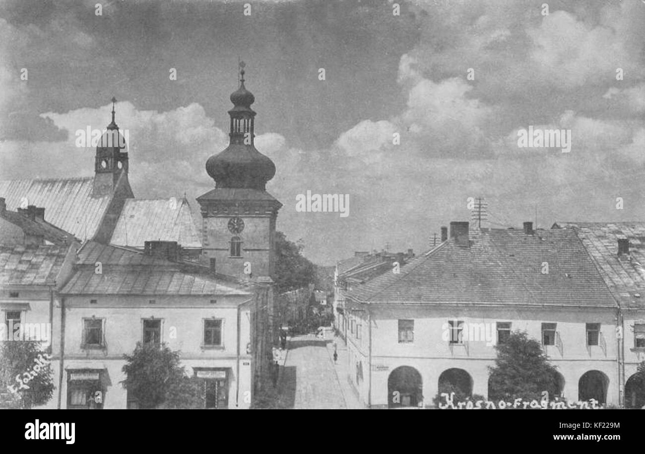 A restored image depicting the Rynek (town square) in Krosno, Poland ...