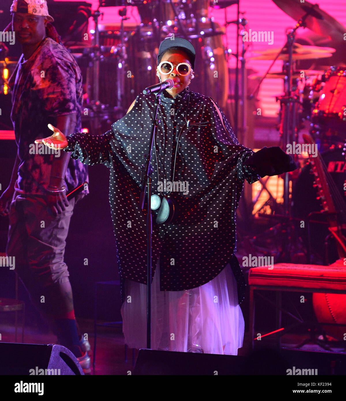 Ms Lauryn Hill and Nas perform on stage during the Powernomics tour at ...