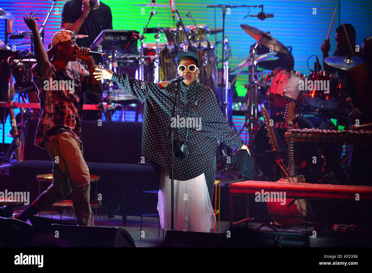 Ms Lauryn Hill and Nas perform on stage during the Powernomics tour at ...