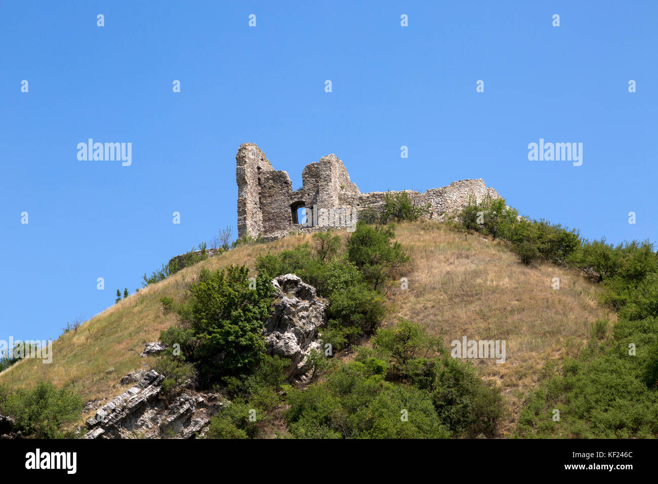 View from the Danube river of castle ruins on a hill in Bratislava ...