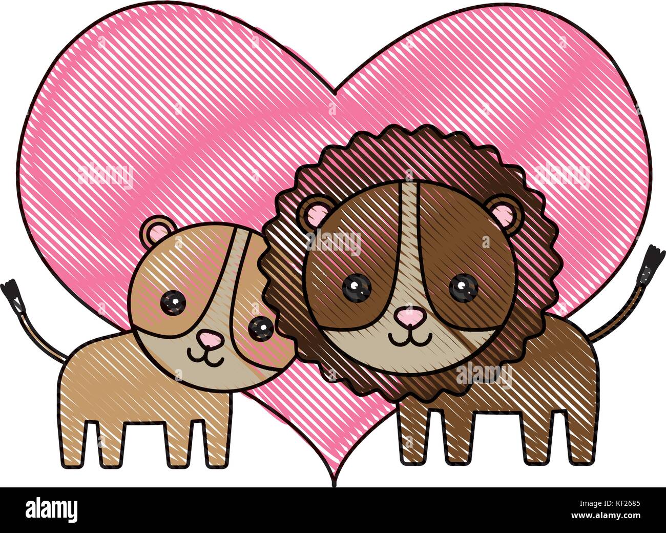 heart with cute couple of lions icon over white background vector ...