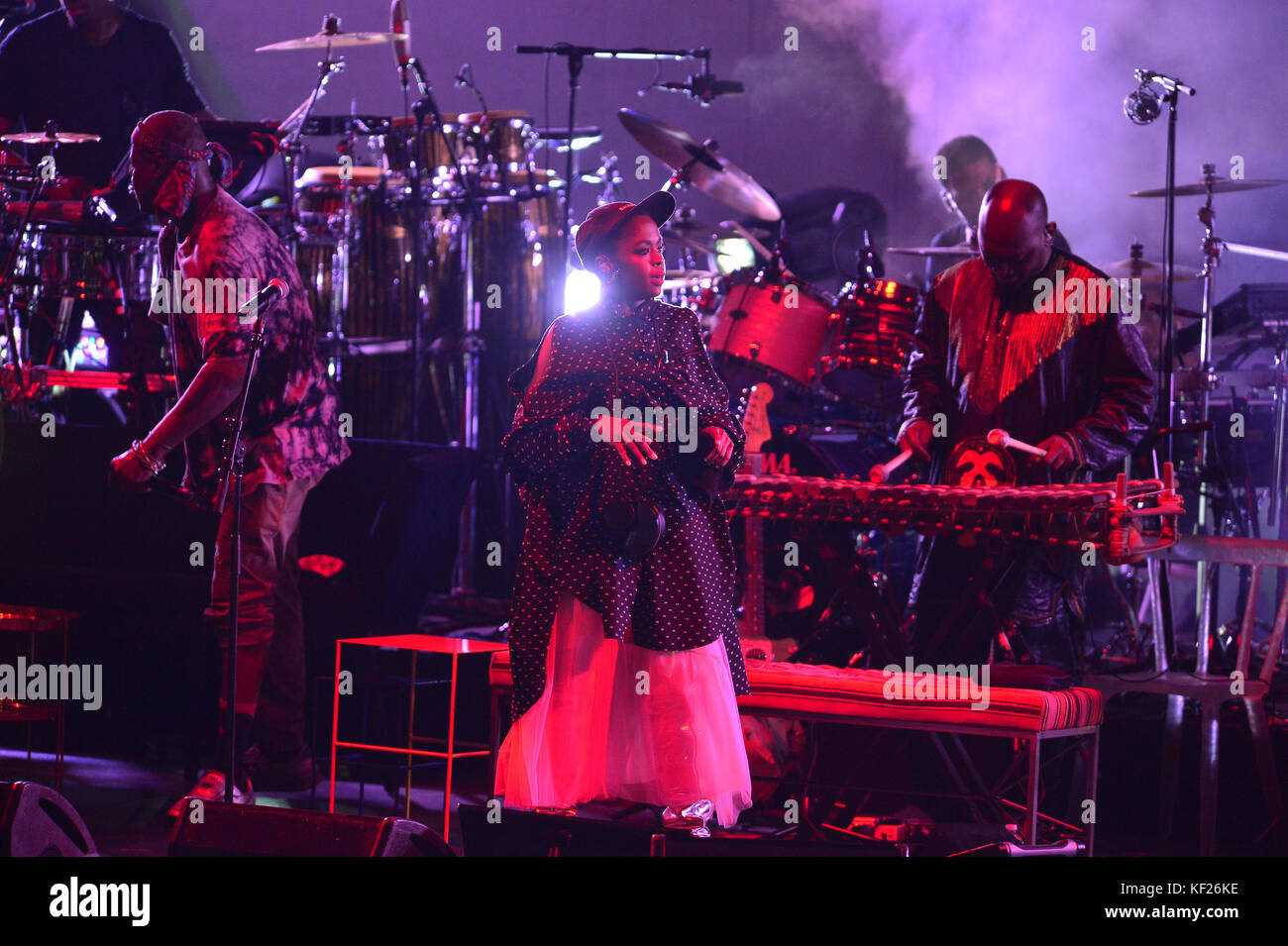 Ms Lauryn Hill and Nas perform on stage during the Powernomics tour at ...