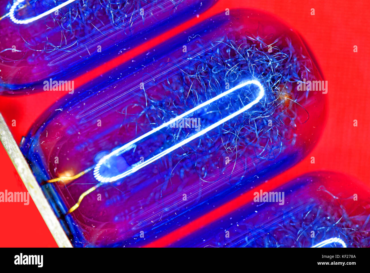 Blue light vintage photographic flash bulbs against red background ...