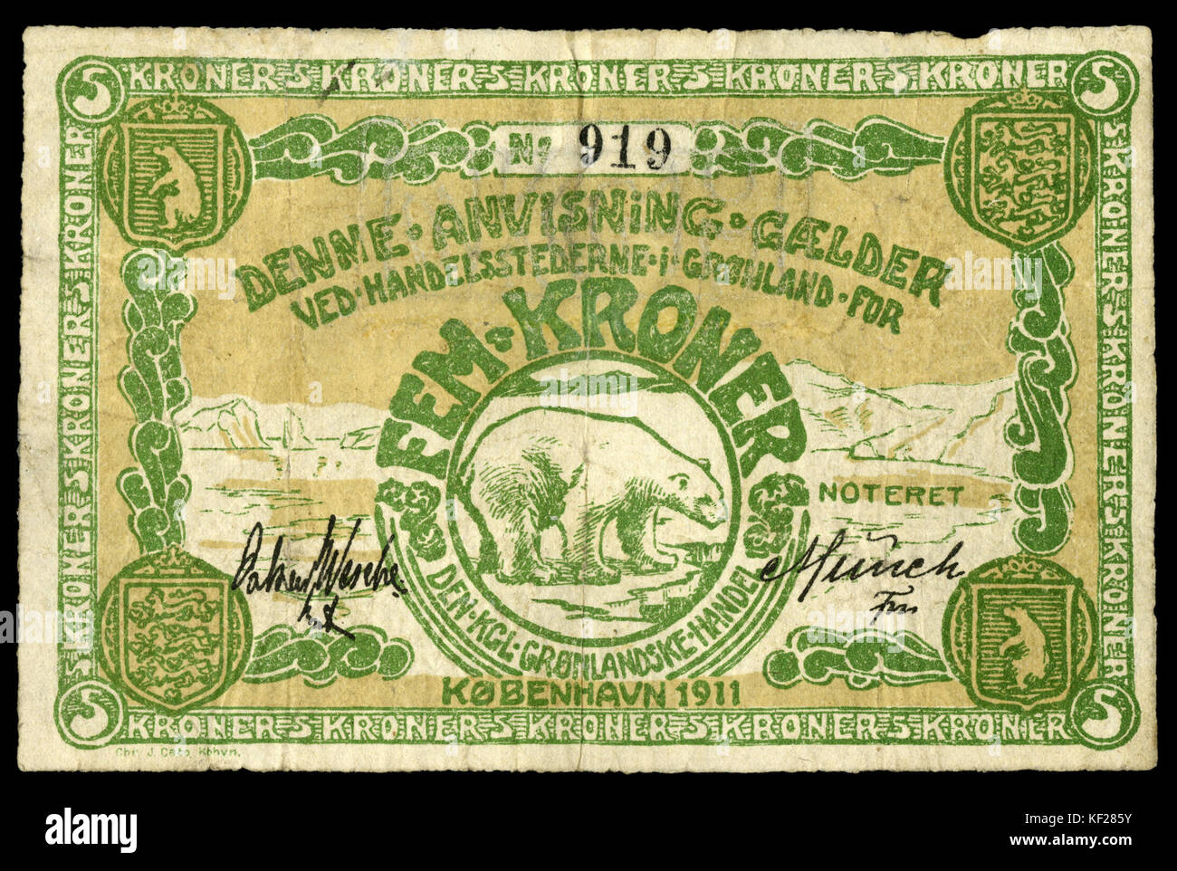 This image shows the 5-kroner note from Greenland, issued in 1911. It ...
