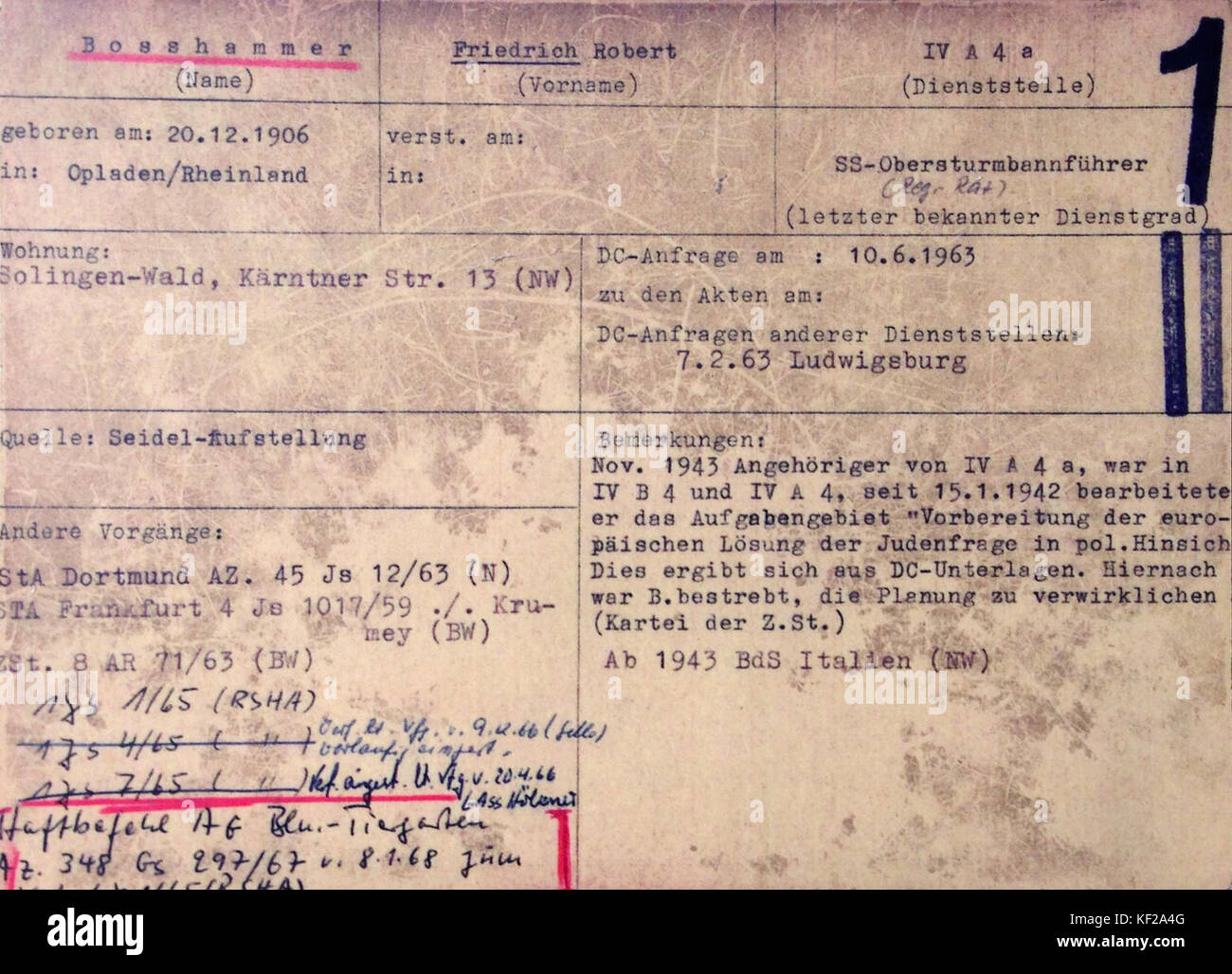 Friedrich Bosshammer RSHA investigation card Stock Photo - Alamy