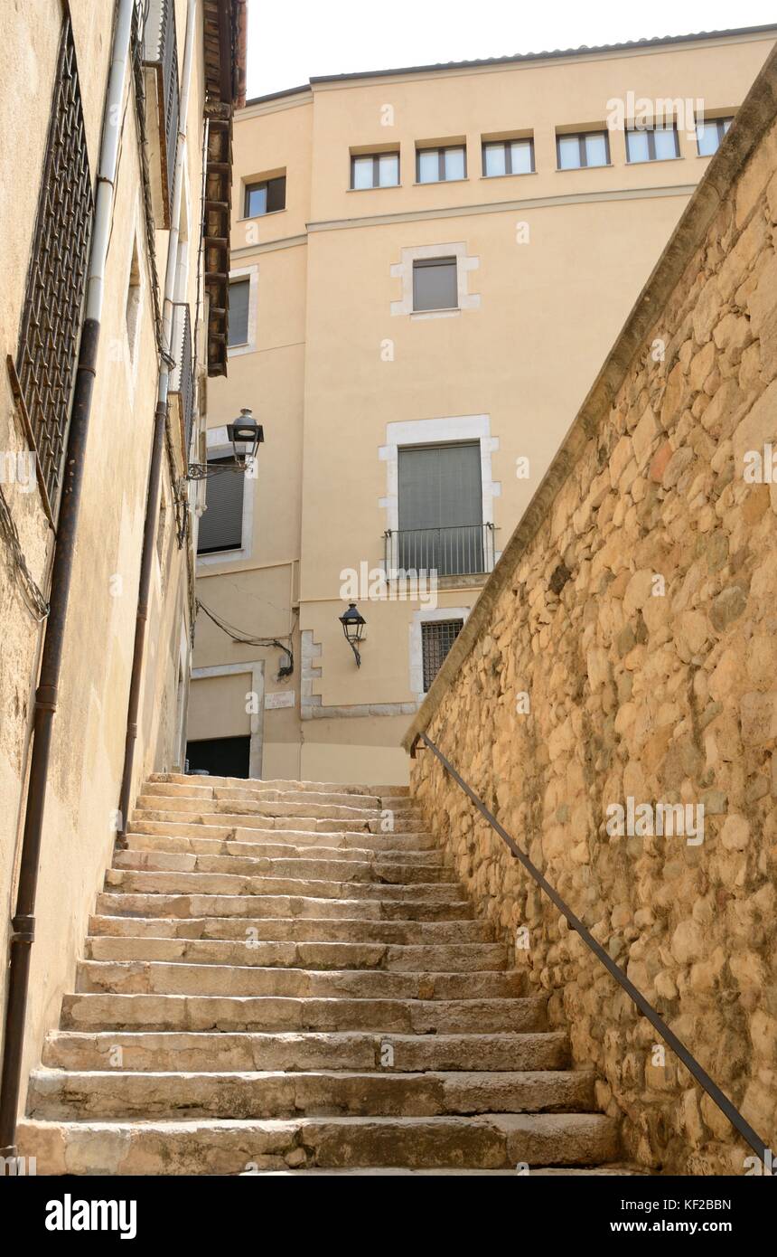 Stairs in alley of the old town of Girona, Catalonia, northeastern ...