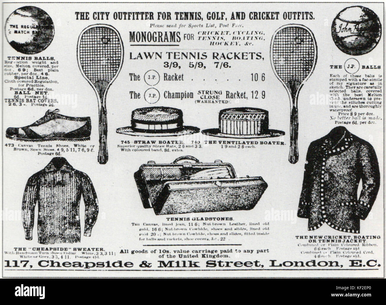 This 19th-century advertisement showcases tennis equipment from the era ...