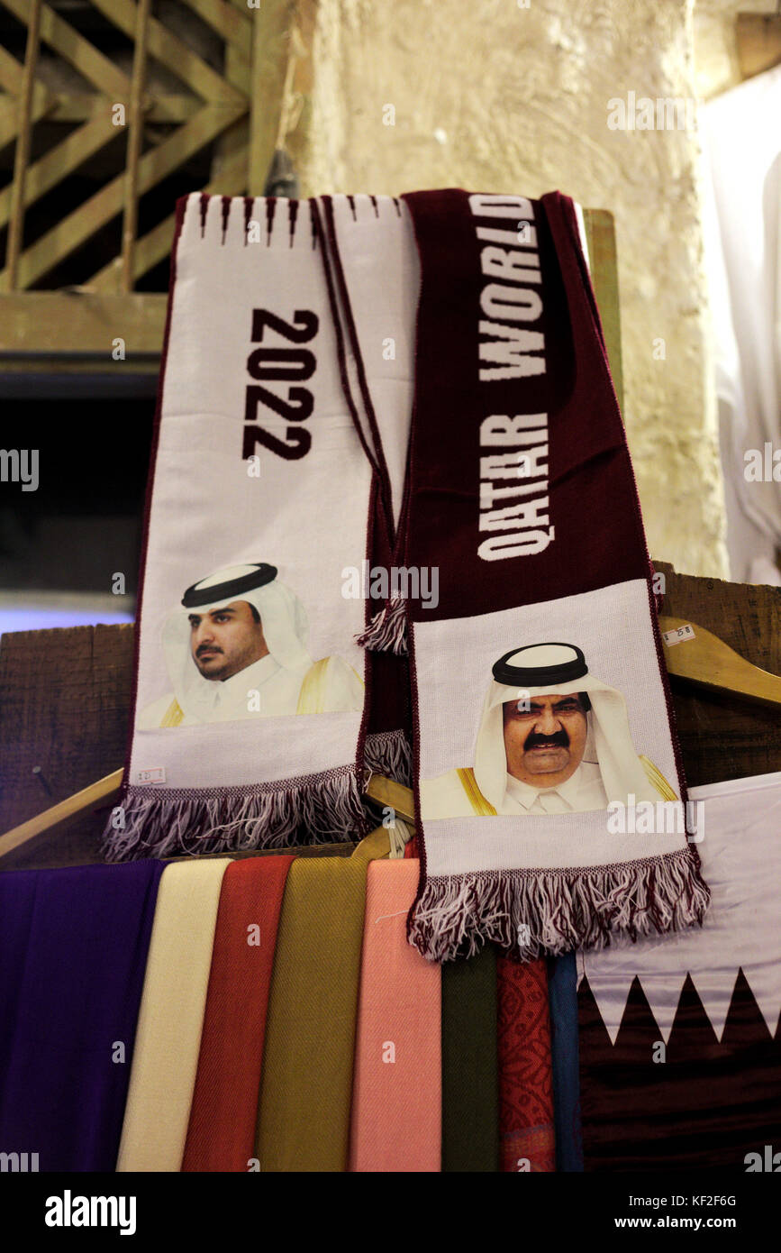 SOUQ WAQIF, DOHA, QATAR - OCTOBER 23, 2017: World Cup 2022 scarves on ...