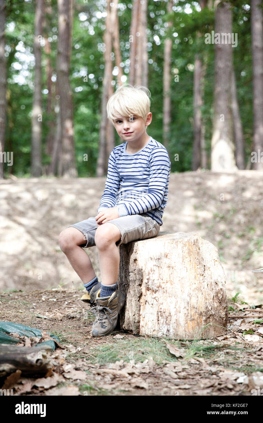 Boy in forest sitting on tree stump Stock Photo - Alamy