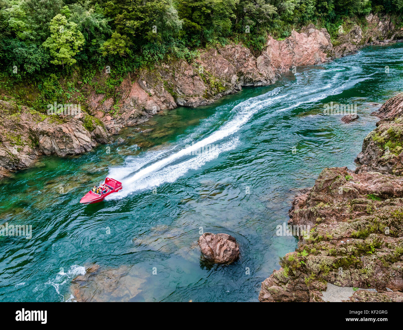 New Zealand, South Island, Westcoast, power boat on Buller River Stock ...