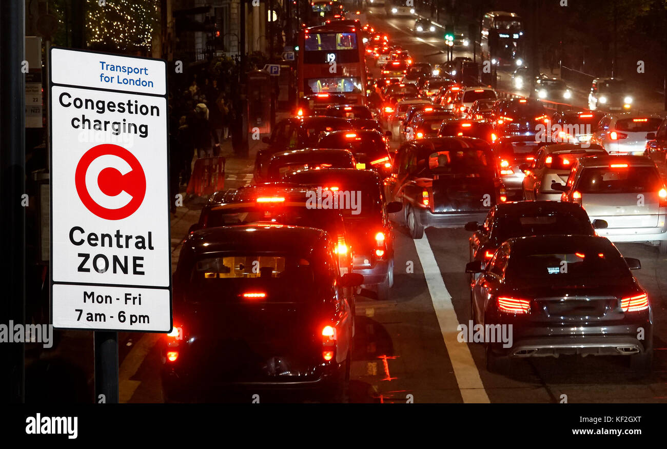 Rush hour on London streets, Evening traffic jam, congestion charging ...