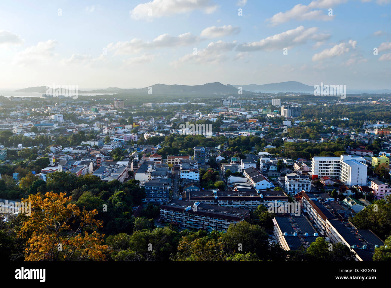 View of Phuket Town skyline in the early morning from Rang Hill ...