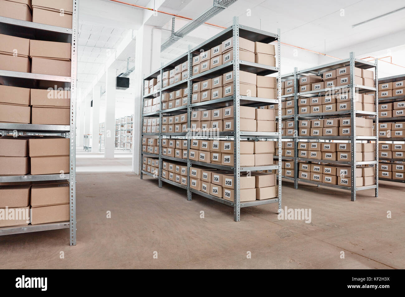 Cardboard boxes on shelves in a factory Stock Photo - Alamy