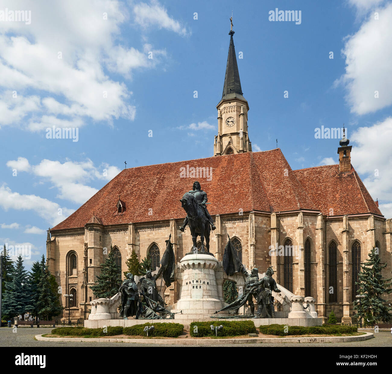 St Michael Church and Unirii Square in Cluj - with statue of Mathias ...