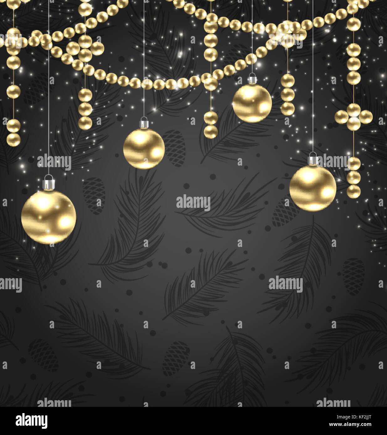Christmas Golden Balls and Adornment on Black Background Stock Vector ...