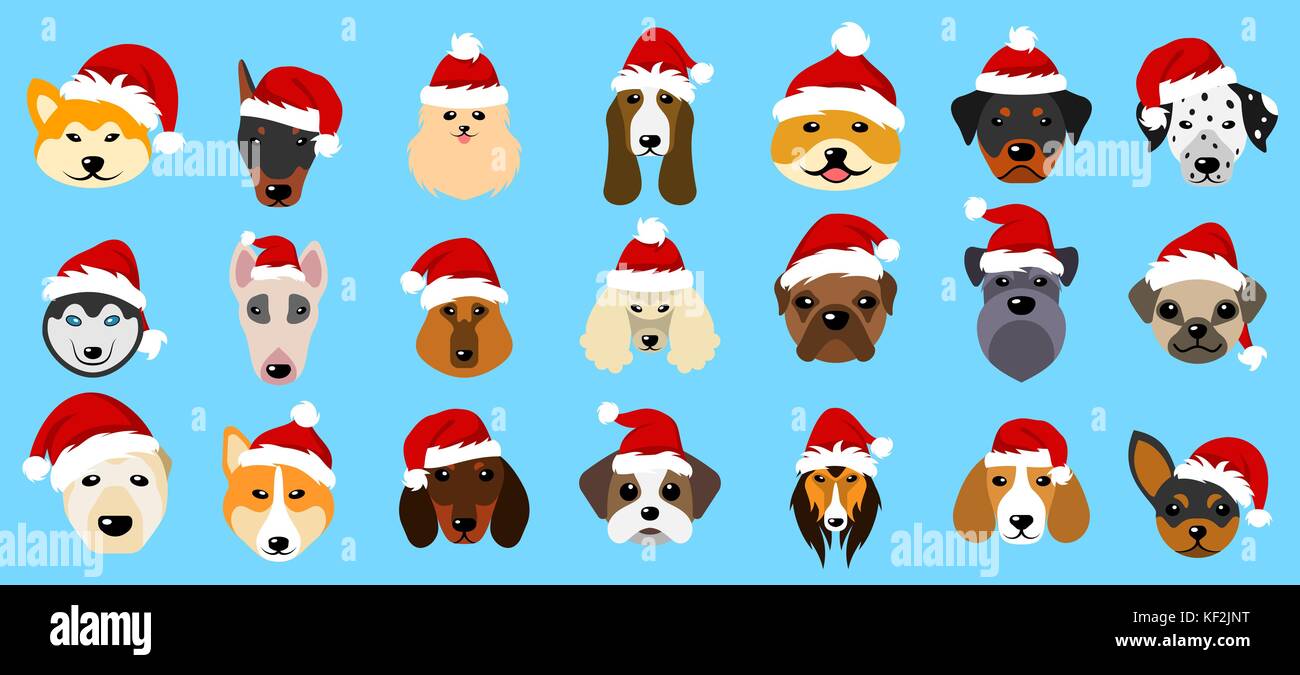 Set Different Breeds of Dogs in Hats of Santa Claus, Symbols New Year ...