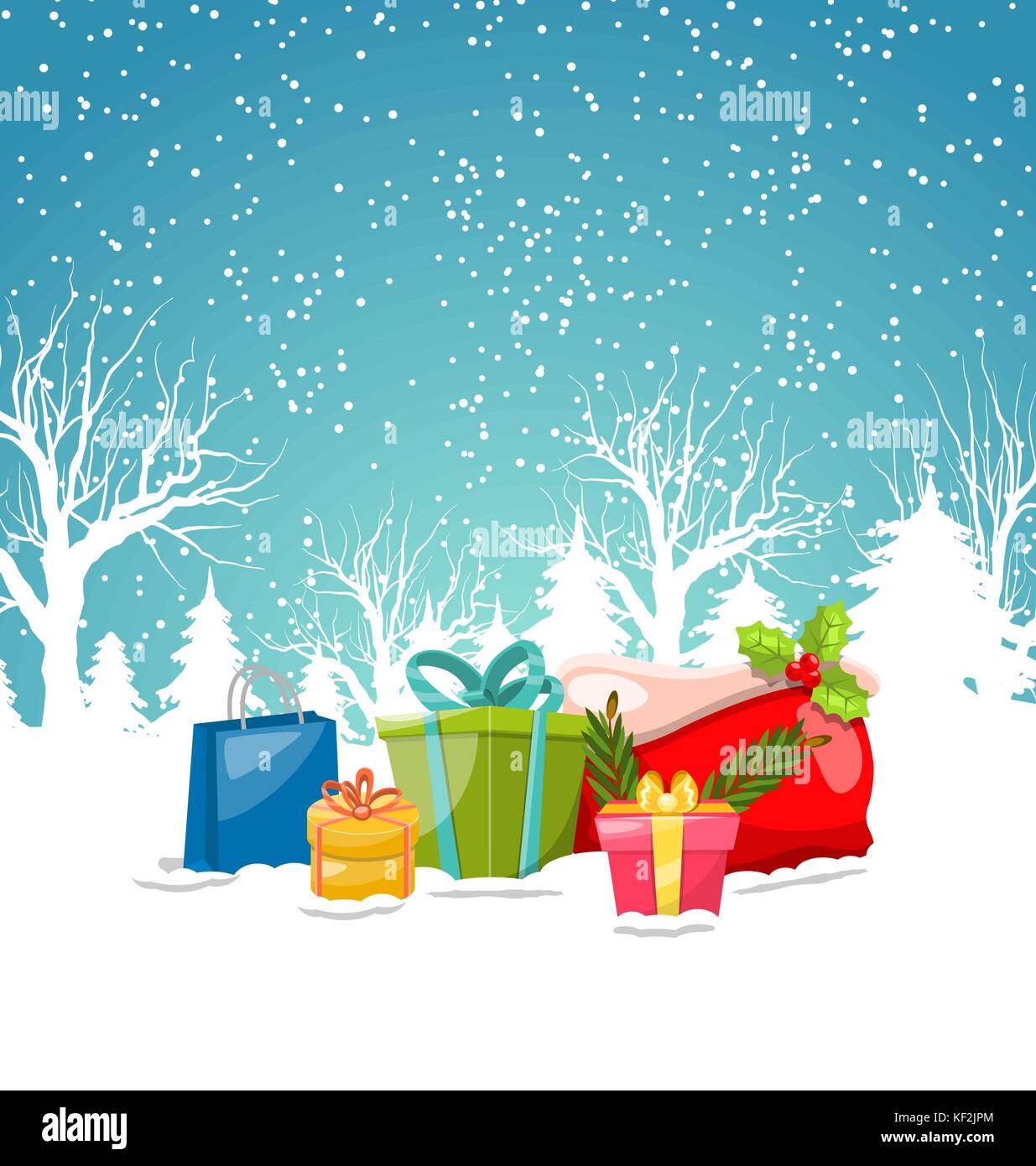 Christmas Greeting Background, Winter Landscape with Gift Boxes ...