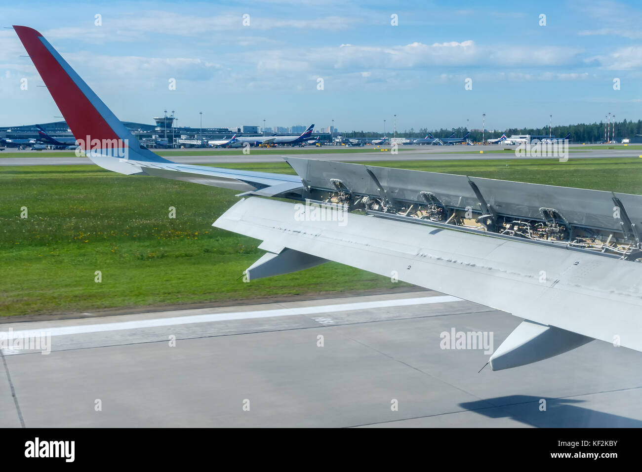Wing of a braking aircraft at Sheremetyevo International Airport Stock ...