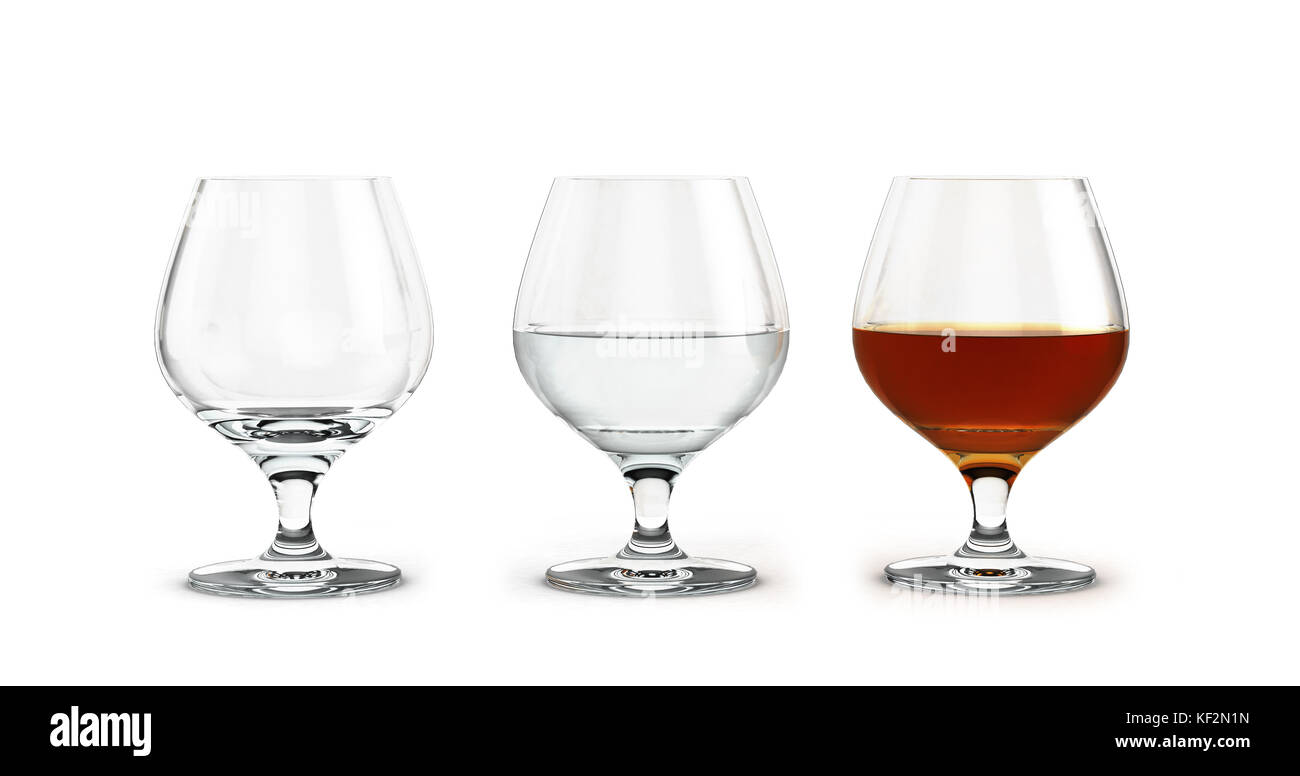 three glasses of brandy to empty the water and alcohol Stock Photo - Alamy