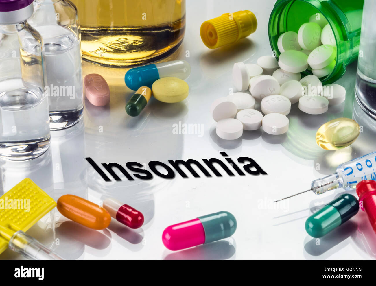 Insomnia, medicines as concept of ordinary treatment, conceptual image ...