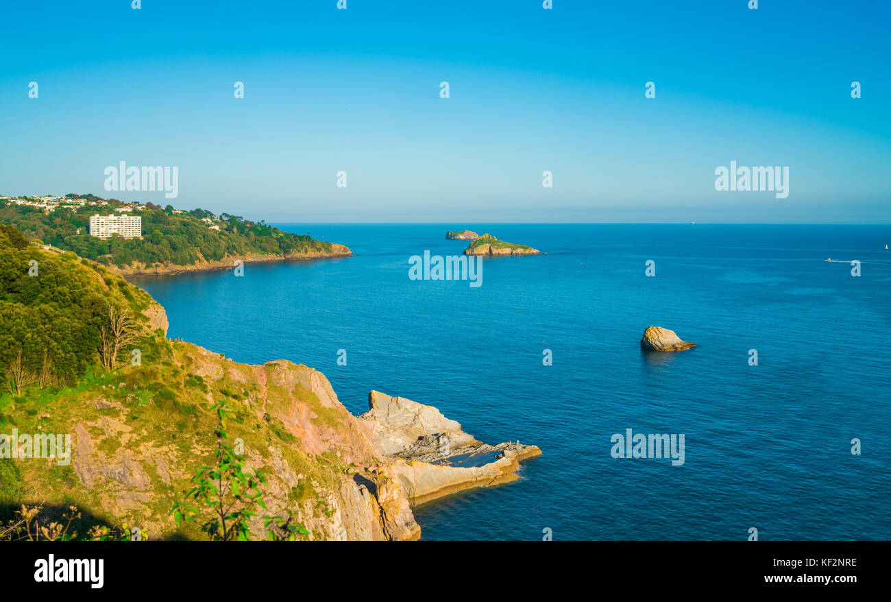 View of coast and sea in Torquay, South Devon, UK - Thatcher Point and ...