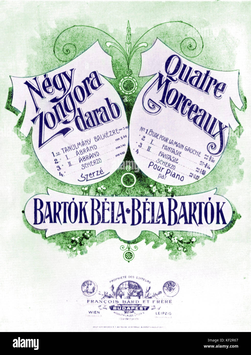 Bela Bartok's score 'Quatre Morceaux'. Front of original edition of piano score, 1904. Hungarian ...