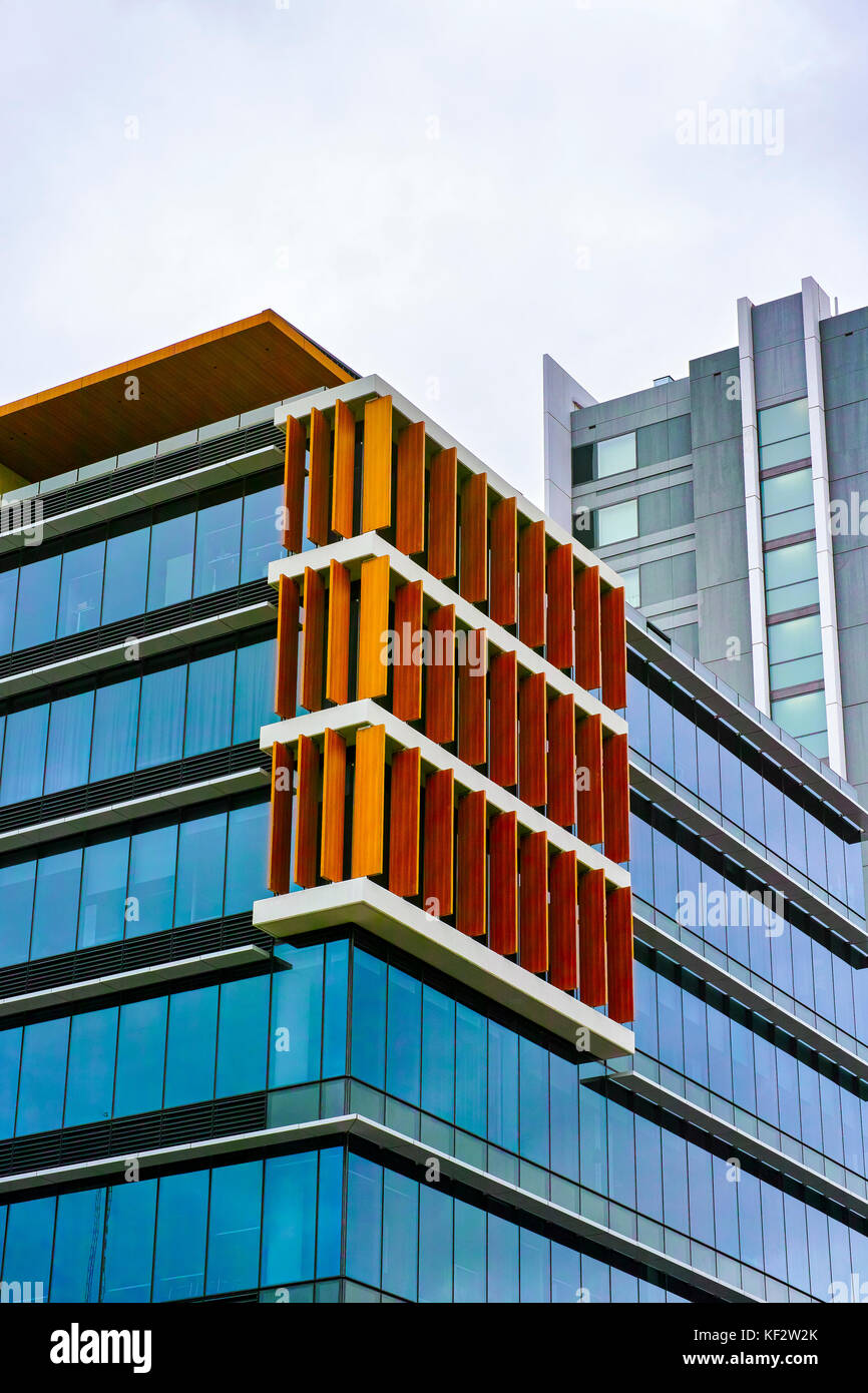 Looking up at modern high-rise office buildings. Tall commercial ...