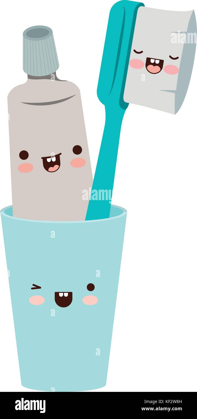 glass with toothpaste and toothbrush male kawaii in colorful silhouette ...