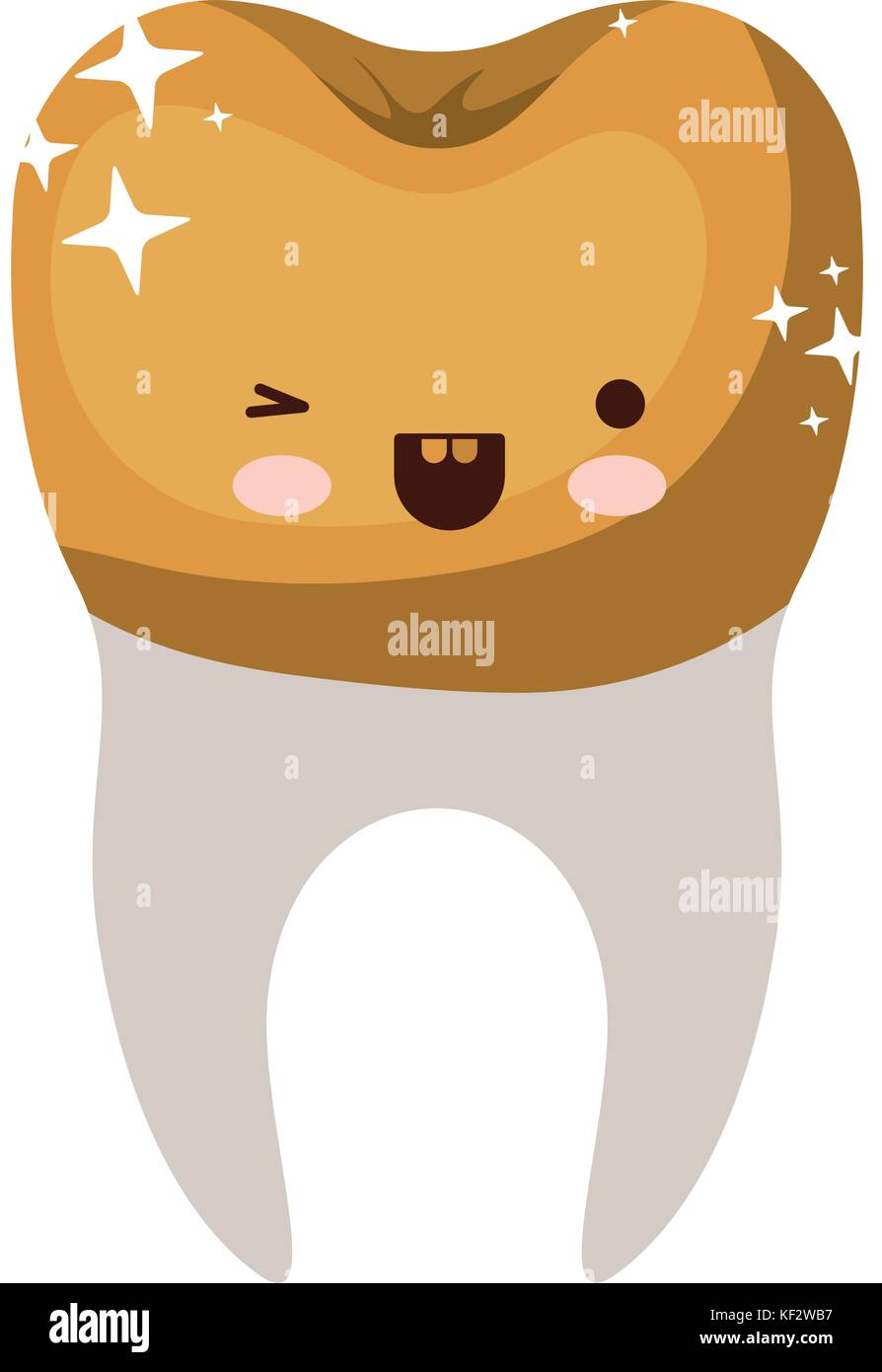 kawaii tooth with golden crown and root in colorful silhouette Stock ...