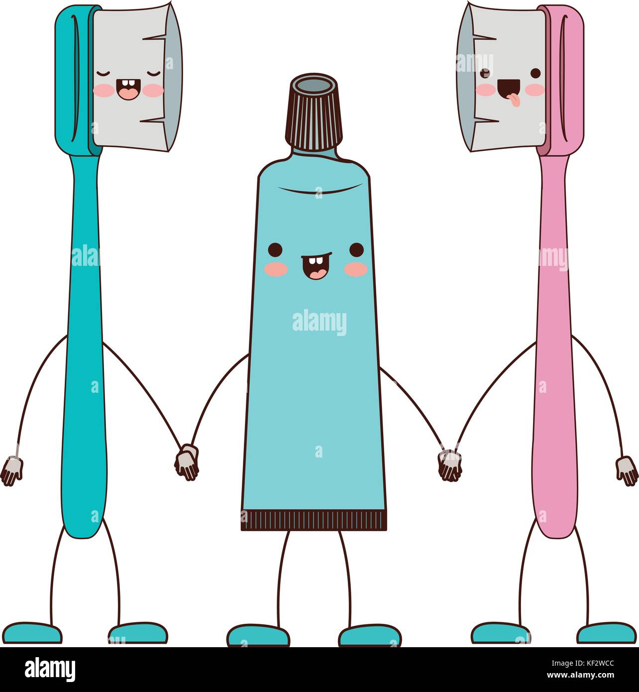 cartoon couple toothbrushes and toothpaste in colorful silhouette Stock ...