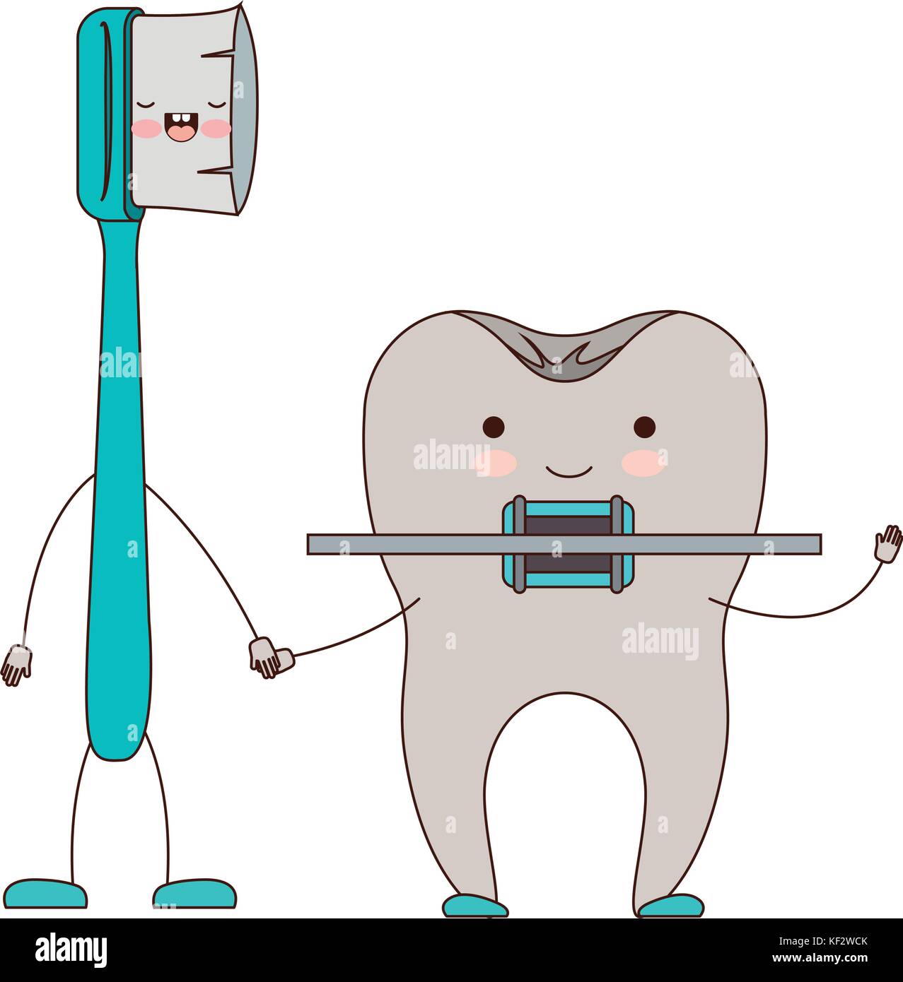 cartoon couple toothbrush and tooth with brace in colorful silhouette ...