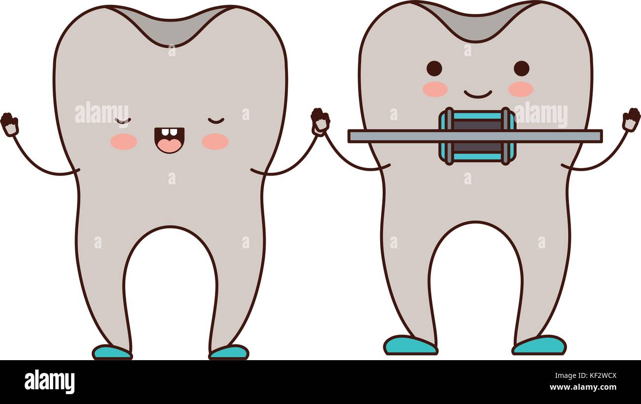 teeth cartoon holding hands and one with dental brace in colorful ...