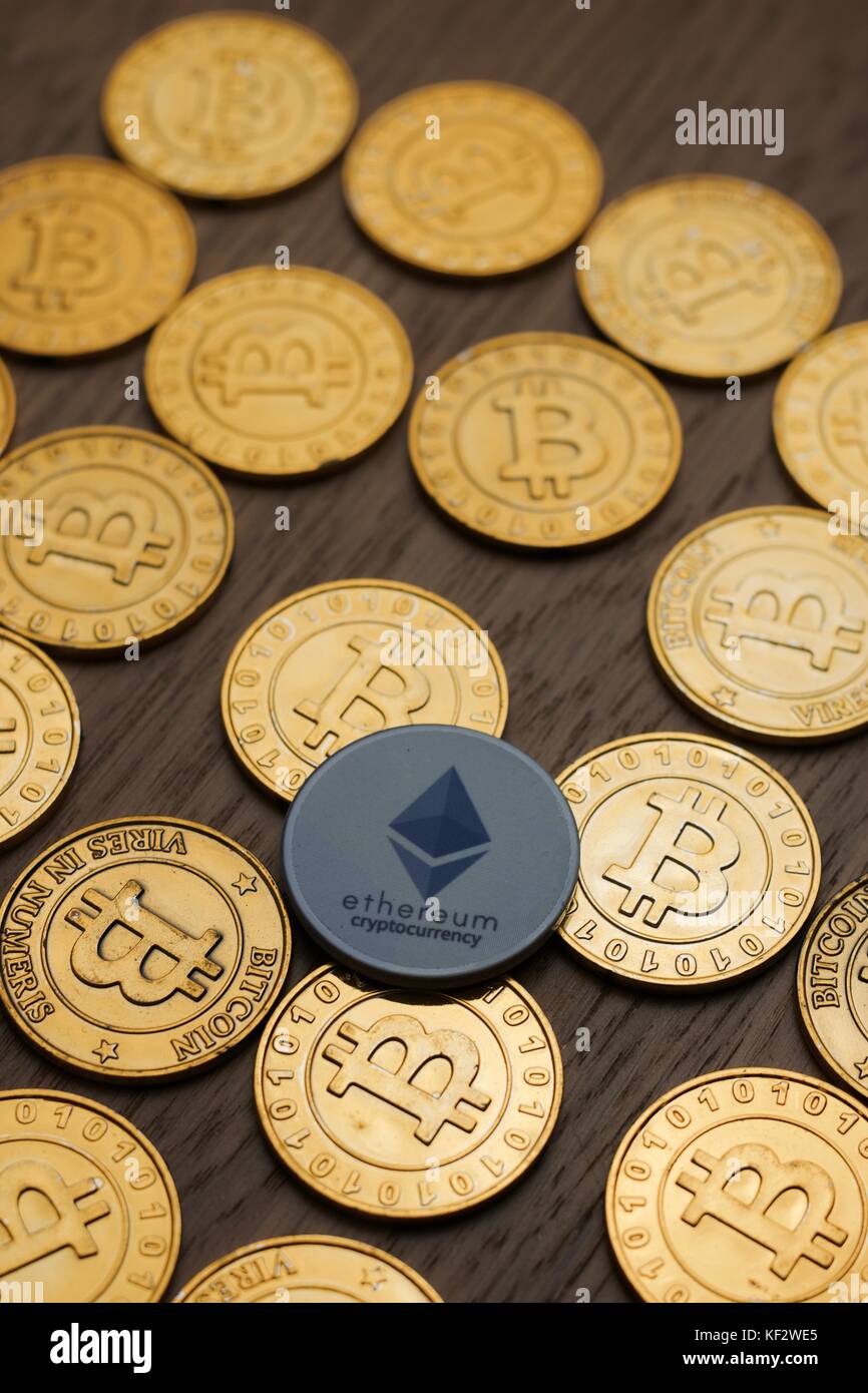 Digital currency physical metal bitcoin coin on the gold money ...