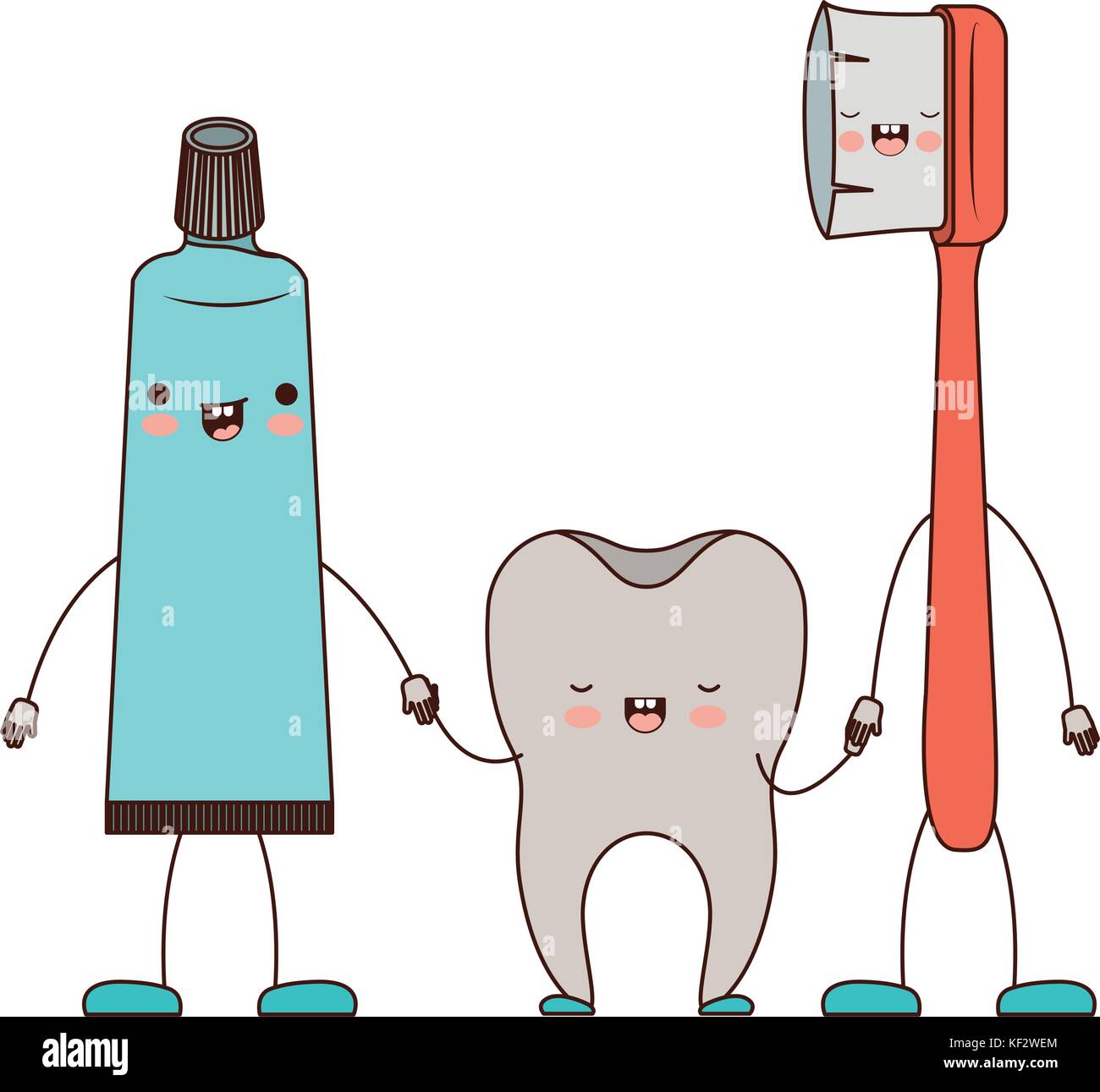 toothpaste and tooth and toothbrush in cartoon holding hands in ...