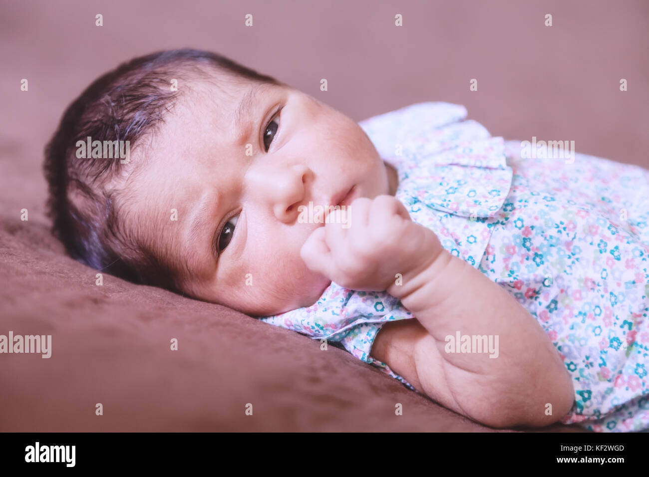 Close up portrait of a cute two weeks old newborn baby girl lying down ...