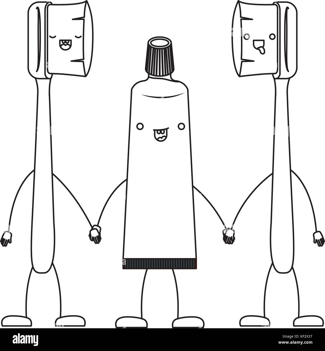 cartoon couple toothbrushes and toothpaste in monochrome silhouette ...