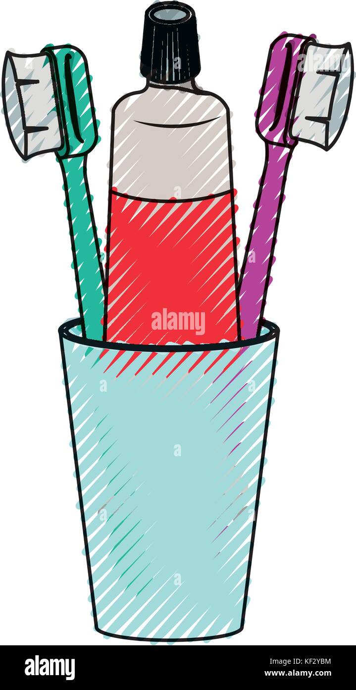 glass with toothpaste and toothbrushes colored crayon silhouette Stock ...