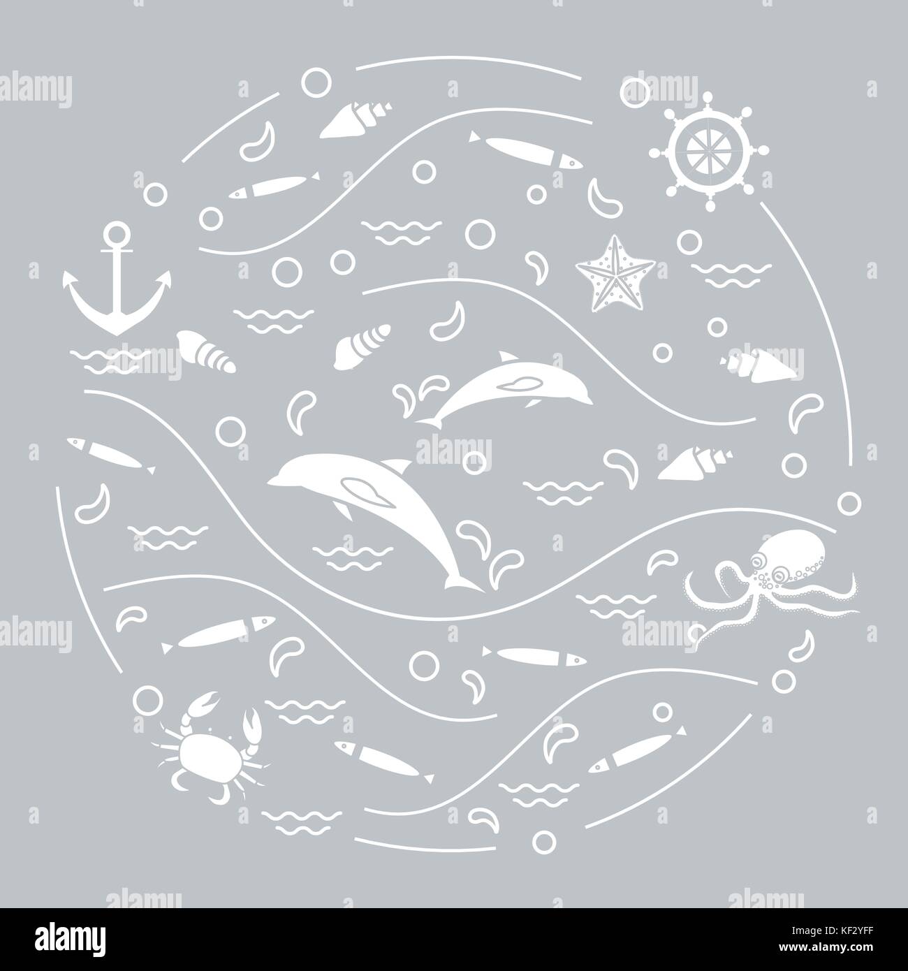 Cute vector illustration with dolphins, octopus, fish, anchor, helm ...