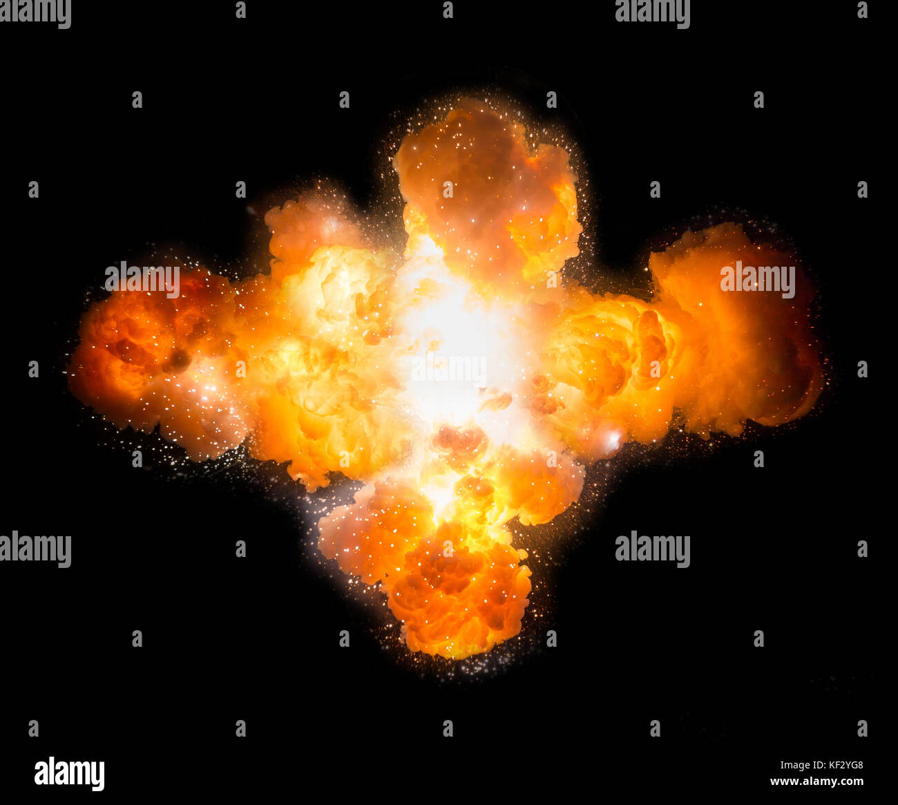 Realistic fiery explosion with sparks over a black background. Fireball ...
