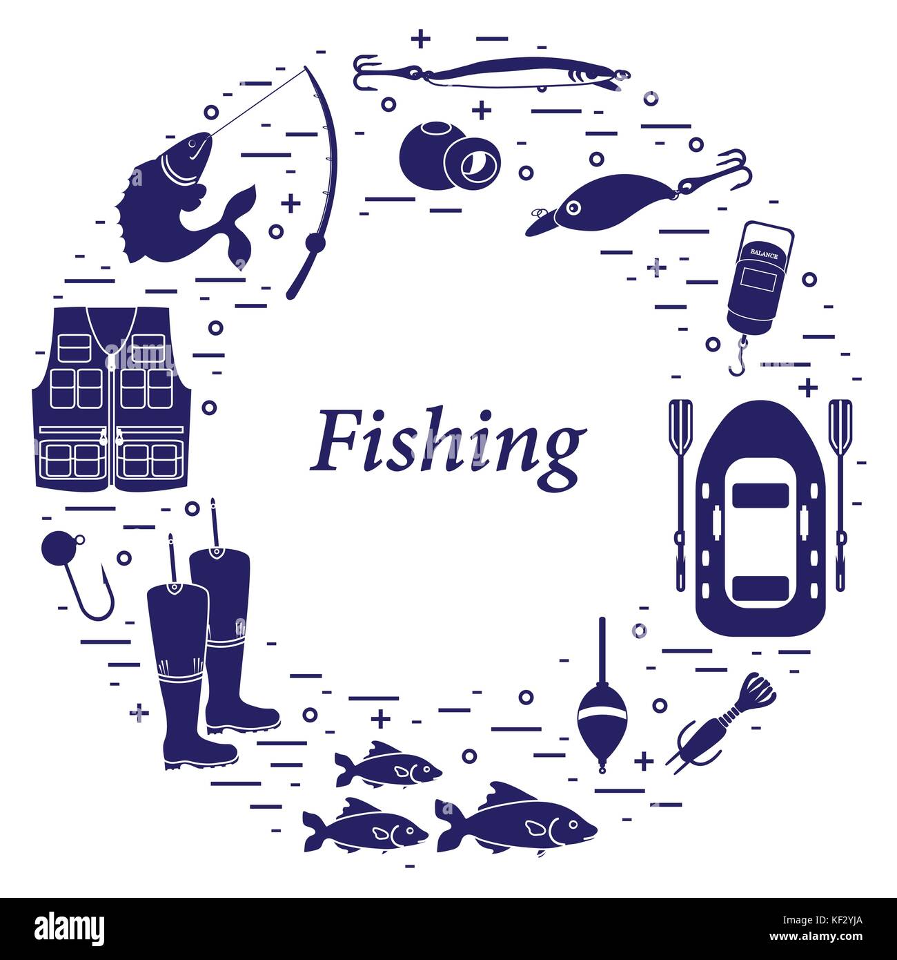 Different tools for fishing arranged in a circle. Template for your ...