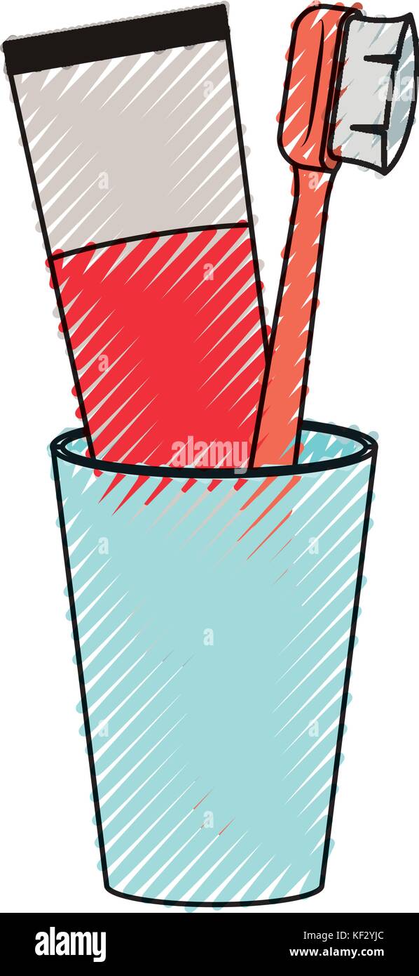 glass with tube toothpaste and toothbrush colored crayon silhouette ...