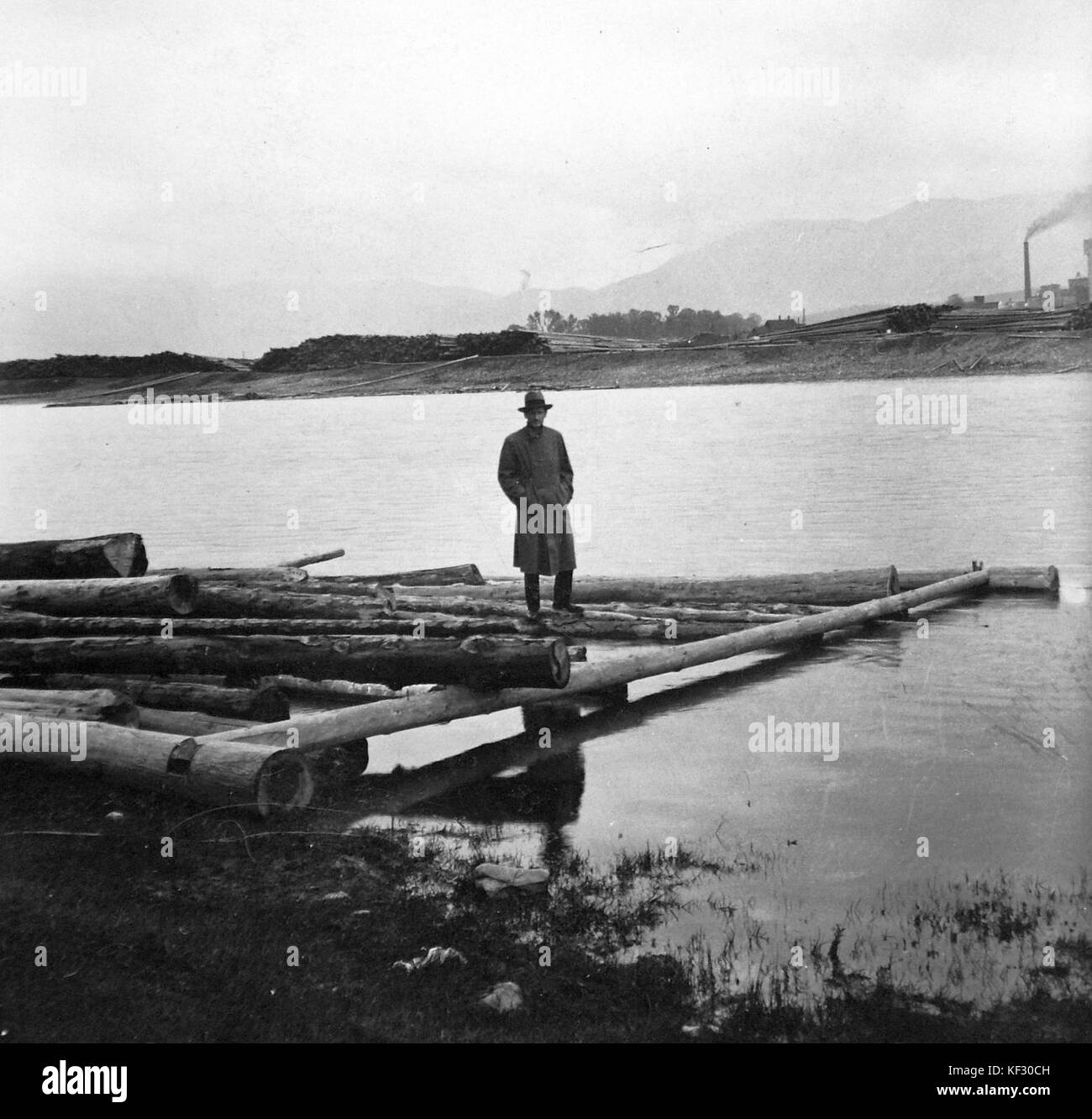 River, factory, mountain, man, shore, water surface, raft, chimney ...