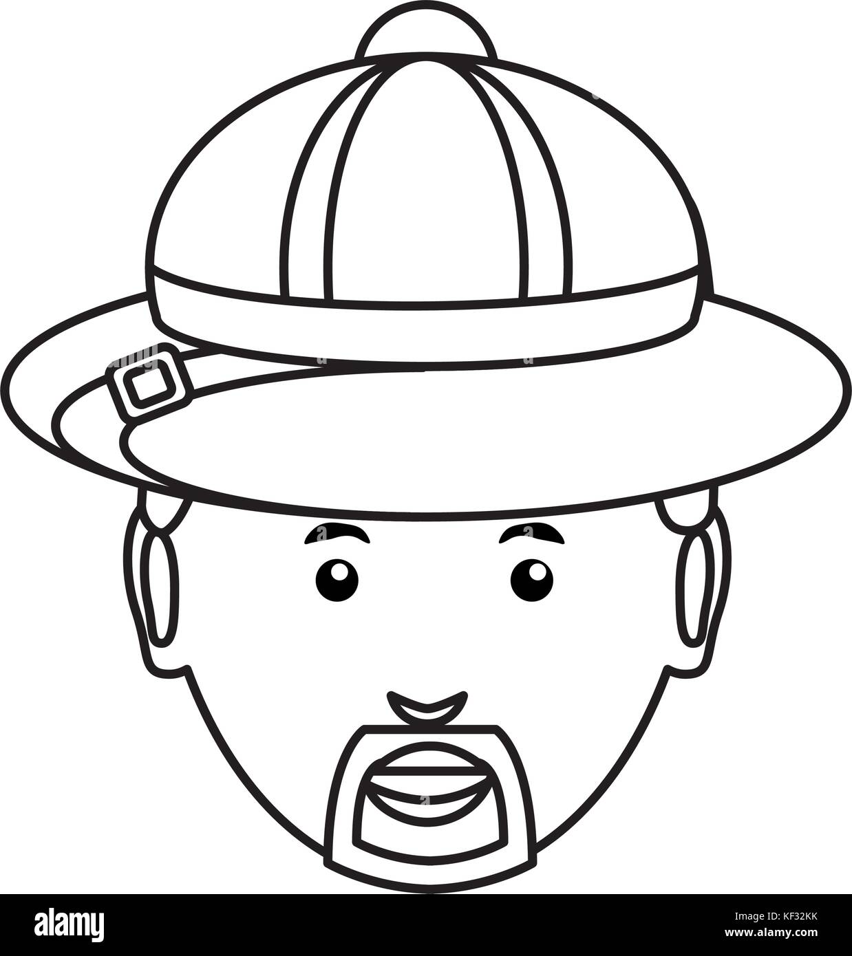 flat line uncolored man face with safari hat over white background ...