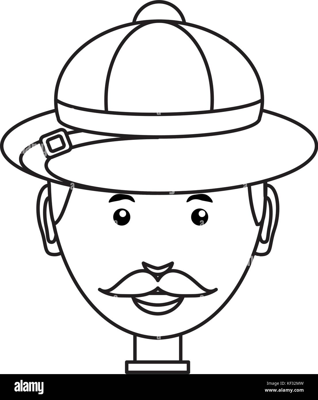 flat line uncolored man face with safari hat over white background ...