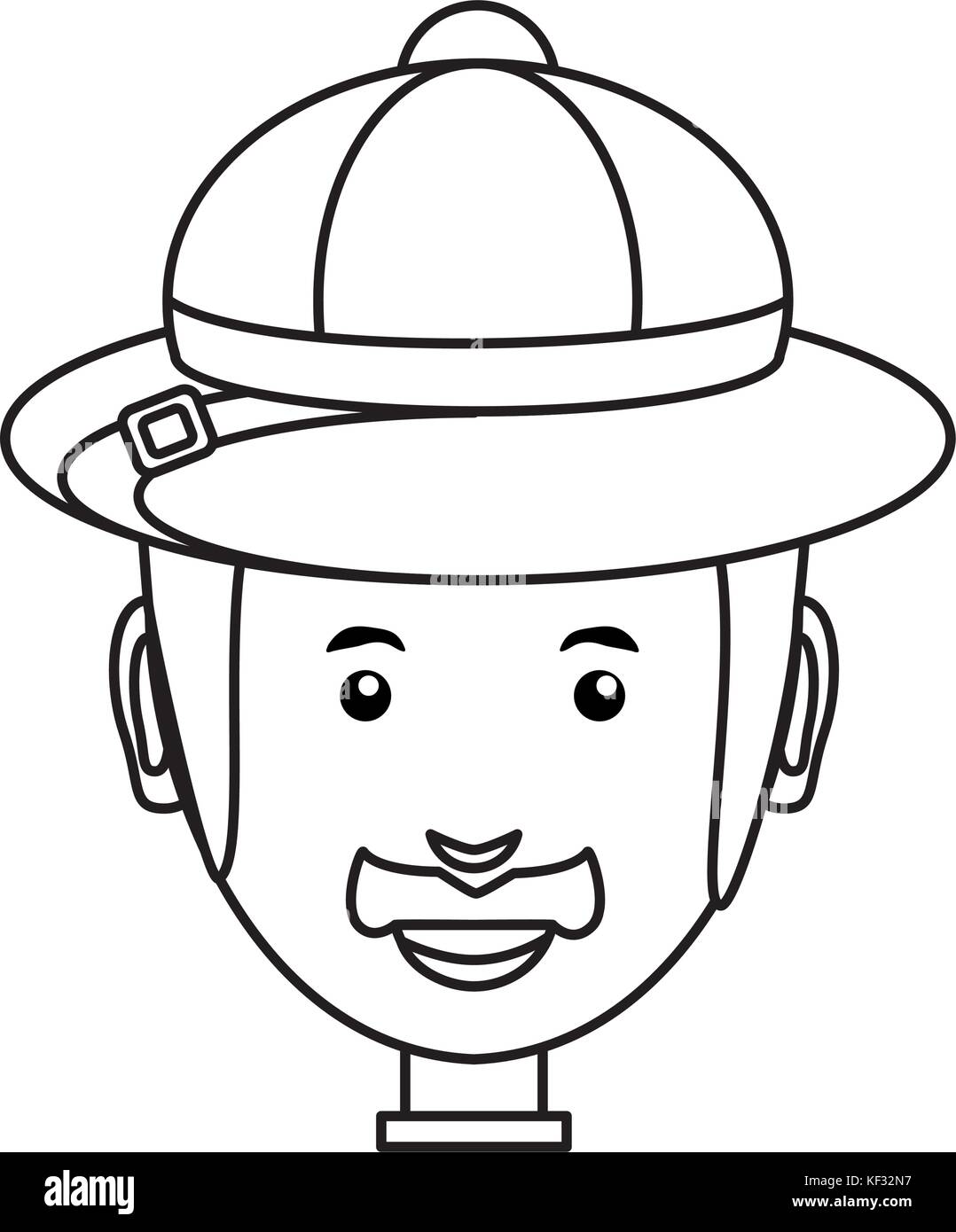 flat line uncolored man face with safari hat over white background ...
