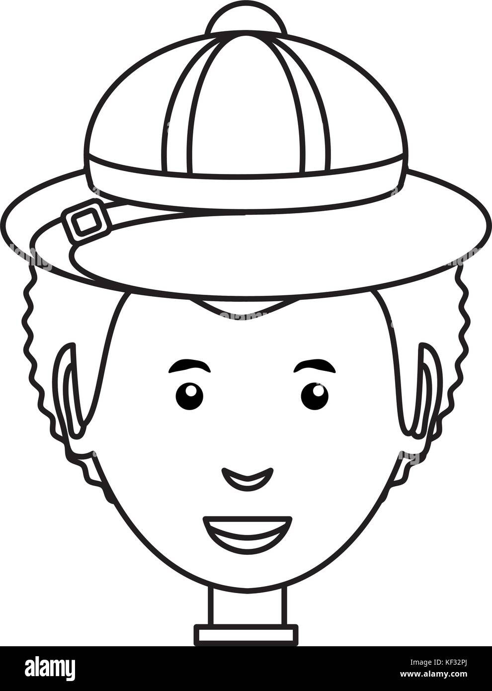 flat line uncolored man face with safari hat over white background ...