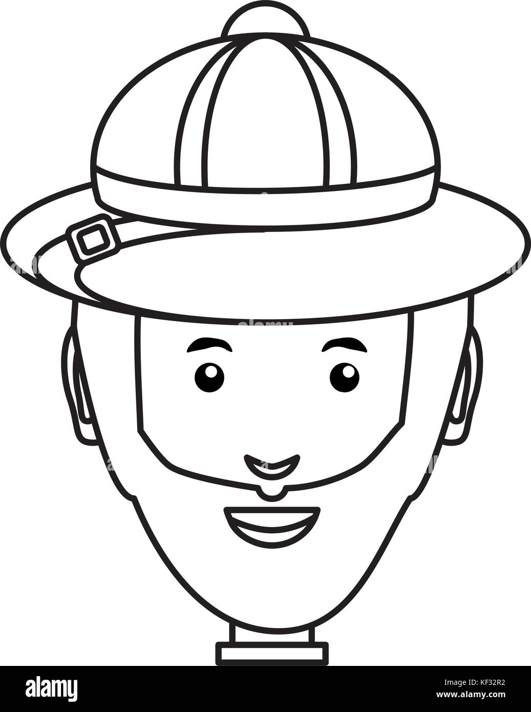 flat line uncolored man face with safari hat over white background ...