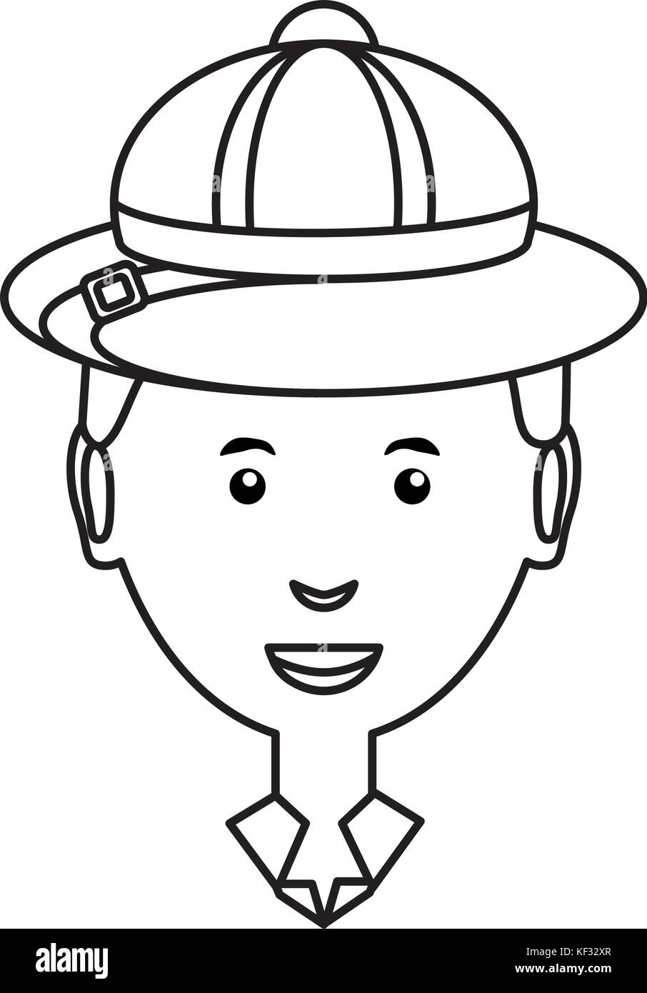 flat line uncolored man face with safari hat over white background ...