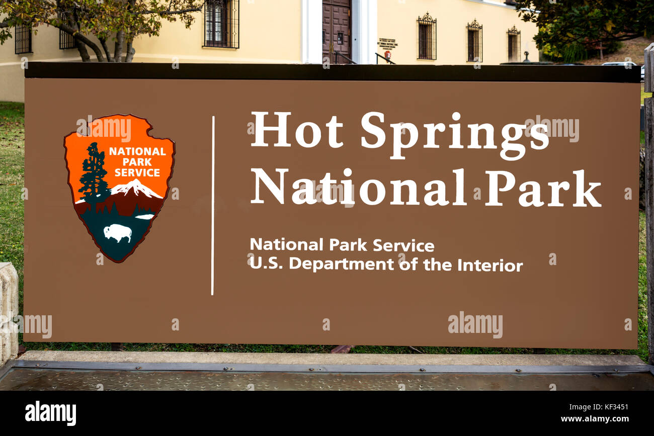 Hot Springs National Park sign on Central Avenue ("Bathhouse Row"), in ...
